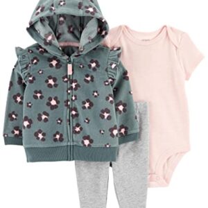 Carter's Baby Girls 3 Piece Bodysuit Pant Little Jacket Set (Grey Pink Leopard Teal, 18 Months)