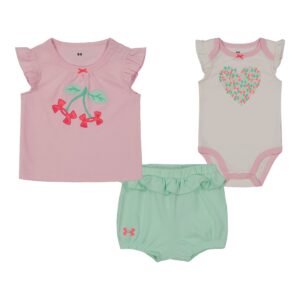 under armour baby girls 3-piece set, bodysuit, graphic t-shirt and shorts, crew neckline 3 set, pink sugar, 12 months us