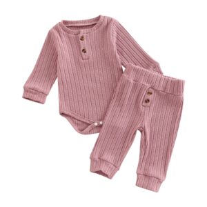 newborn baby boy girl clothes set infant ribbed outfits fall winter solid color romper with elastic long pants 2pcs (pink, 12-18 months)