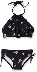 kanu surf girls ruffle halter bikini 2-piece swimsuit, pink, 2t, morgan black floral, 12