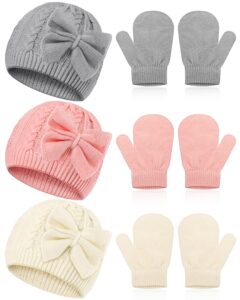 3 set toddler hat glove set, kids winter hats warm knitted beanie mittens gloves with bow for baby girls and boys 0-6y (white, grey, pink)