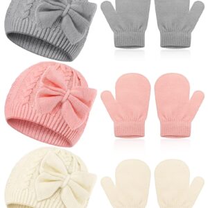 3 Set Toddler Hat Glove Set, Kids Winter Hats Warm Knitted Beanie Mittens Gloves with Bow for Baby Girls and Boys 0-6Y (White, Grey, Pink)