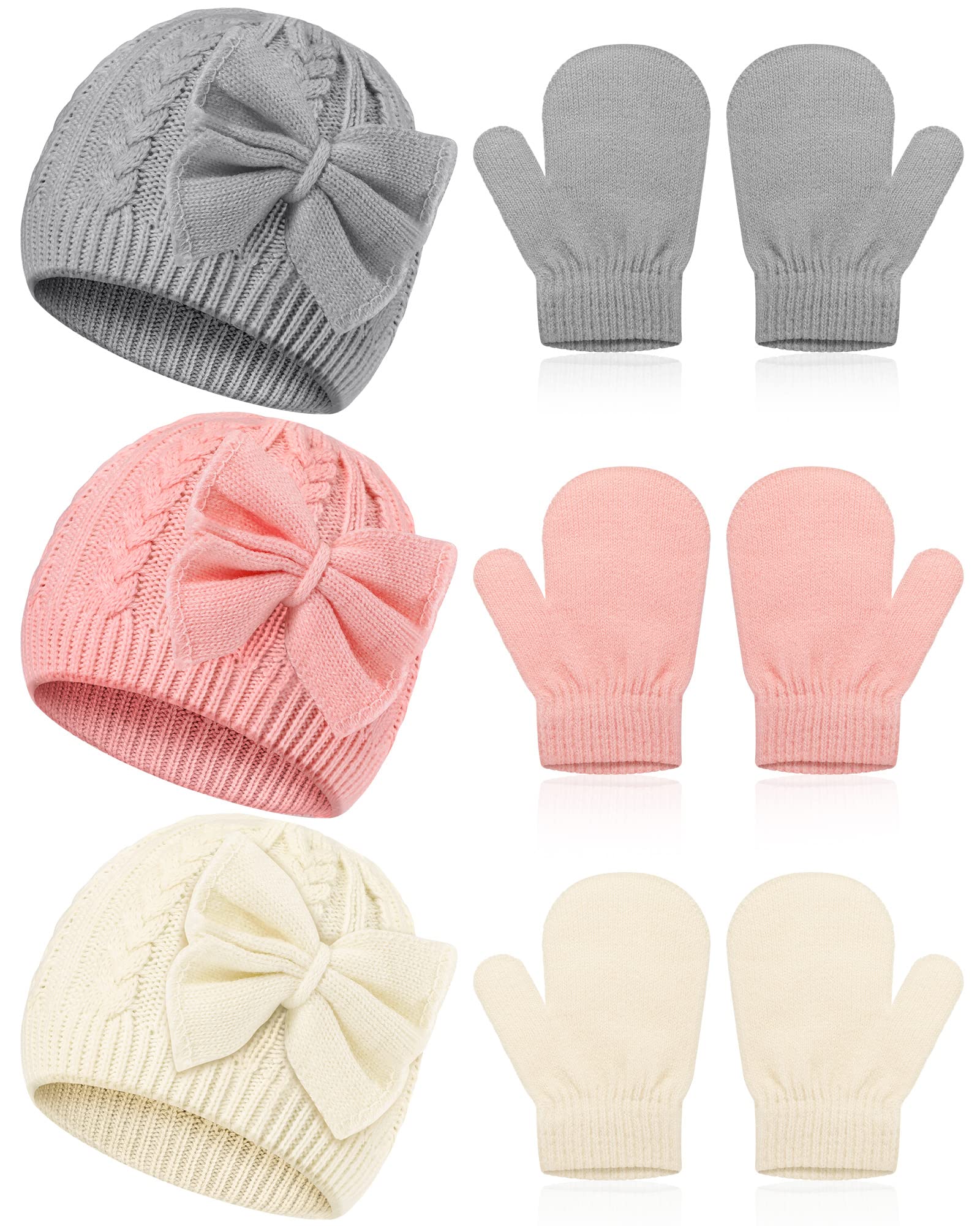 3 Set Toddler Hat Glove Set, Kids Winter Hats Warm Knitted Beanie Mittens Gloves with Bow for Baby Girls and Boys 0-6Y (White, Grey, Pink)