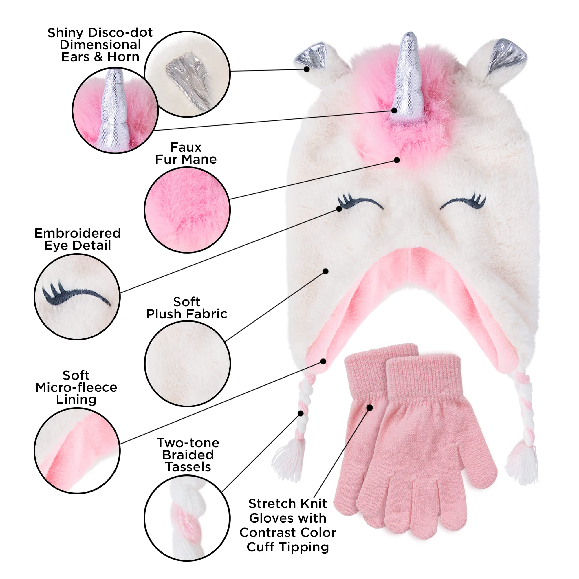 Kids Winter Hat and Kids Gloves Set for Girls & Boys Ages 4-7 Years Old + Ear Flaps Chin Strap (Pink/White Unicorn - Gloves)