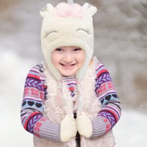 Kids Winter Hat and Kids Gloves Set for Girls & Boys Ages 4-7 Years Old + Ear Flaps Chin Strap (Pink/White Unicorn - Gloves)