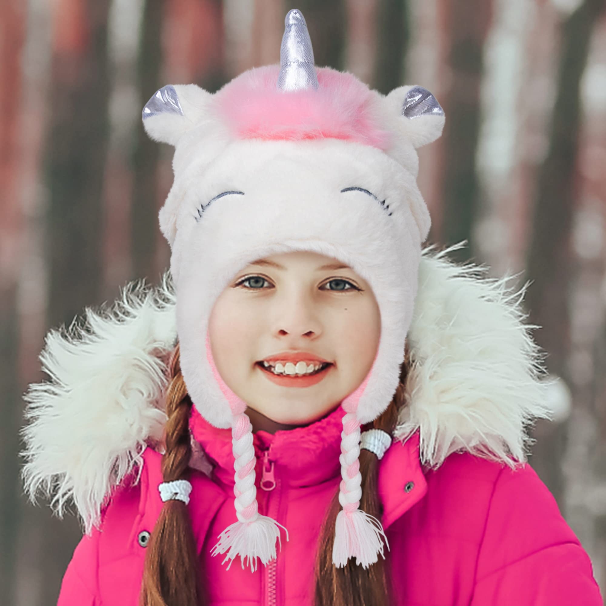 Kids Winter Hat and Kids Gloves Set for Girls & Boys Ages 4-7 Years Old + Ear Flaps Chin Strap (Pink/White Unicorn - Gloves)