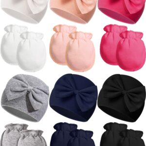 12 Pieces Newborn Baby Hats Mittens Set Bow Beanie Cap Cotton Glove for 0-6 Baby (Vivid Colors)