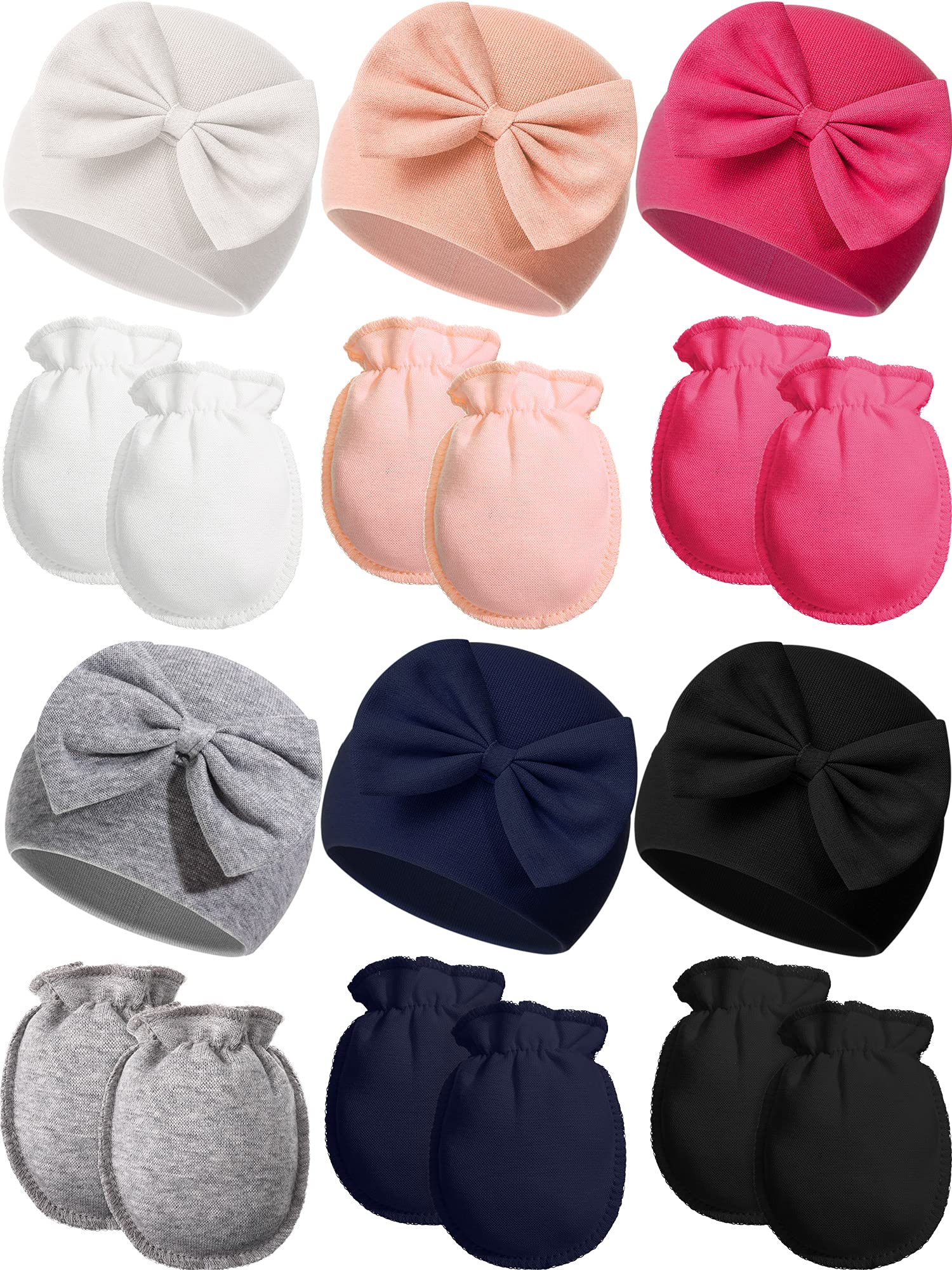 12 Pieces Newborn Baby Hats Mittens Set Bow Beanie Cap Cotton Glove for 0-6 Baby (Vivid Colors)