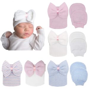 bqubo newborn baby caps mittens for baby girls set hospital hat beanie infant hats with bow baby scratch mitten gloves