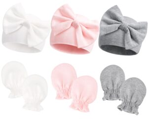 newborn hospital hats gloves baby infant bow beanie cotton caps no scratch hat mittens set for 0-6 months