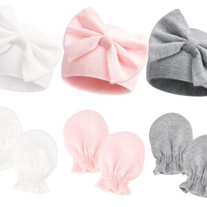 Newborn Hospital Hats Gloves Baby Infant Bow Beanie Cotton Caps No Scratch Hat Mittens Set for 0-6 Months