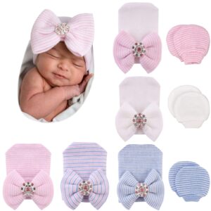 bqubo newborn baby caps mittens for baby girls set hospital hat beanie infant hats with bow baby scratch mitten gloves