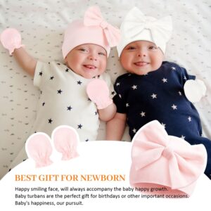 Newborn Hospital Hats Gloves Baby Infant Bow Beanie Cotton Caps No Scratch Hat Mittens Set for 0-6 Months