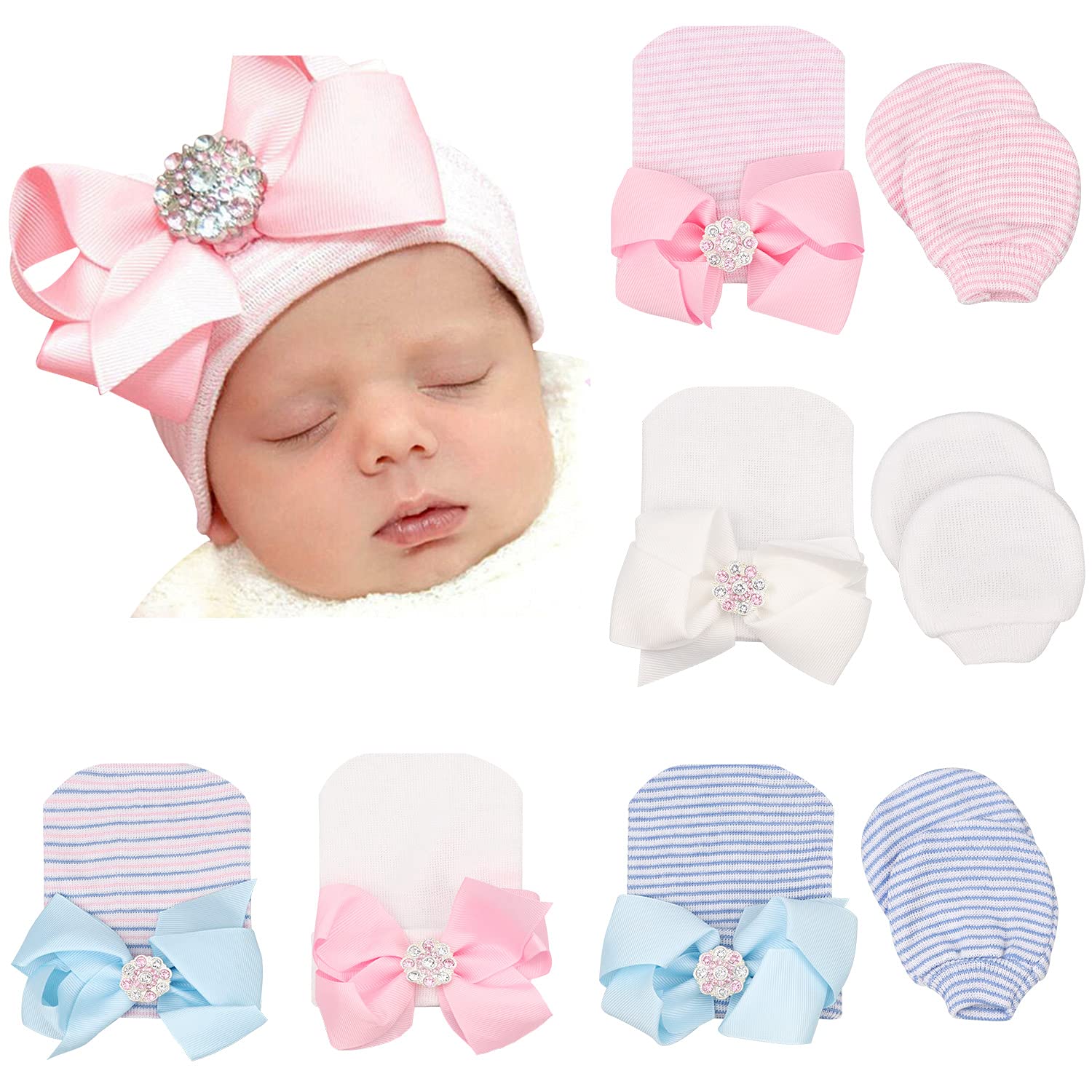 BQUBO Newborn Baby Caps Mittens for Baby Girls Set Hospital Hat Beanie Infant Hats with Bow Baby Scratch Mitten Gloves