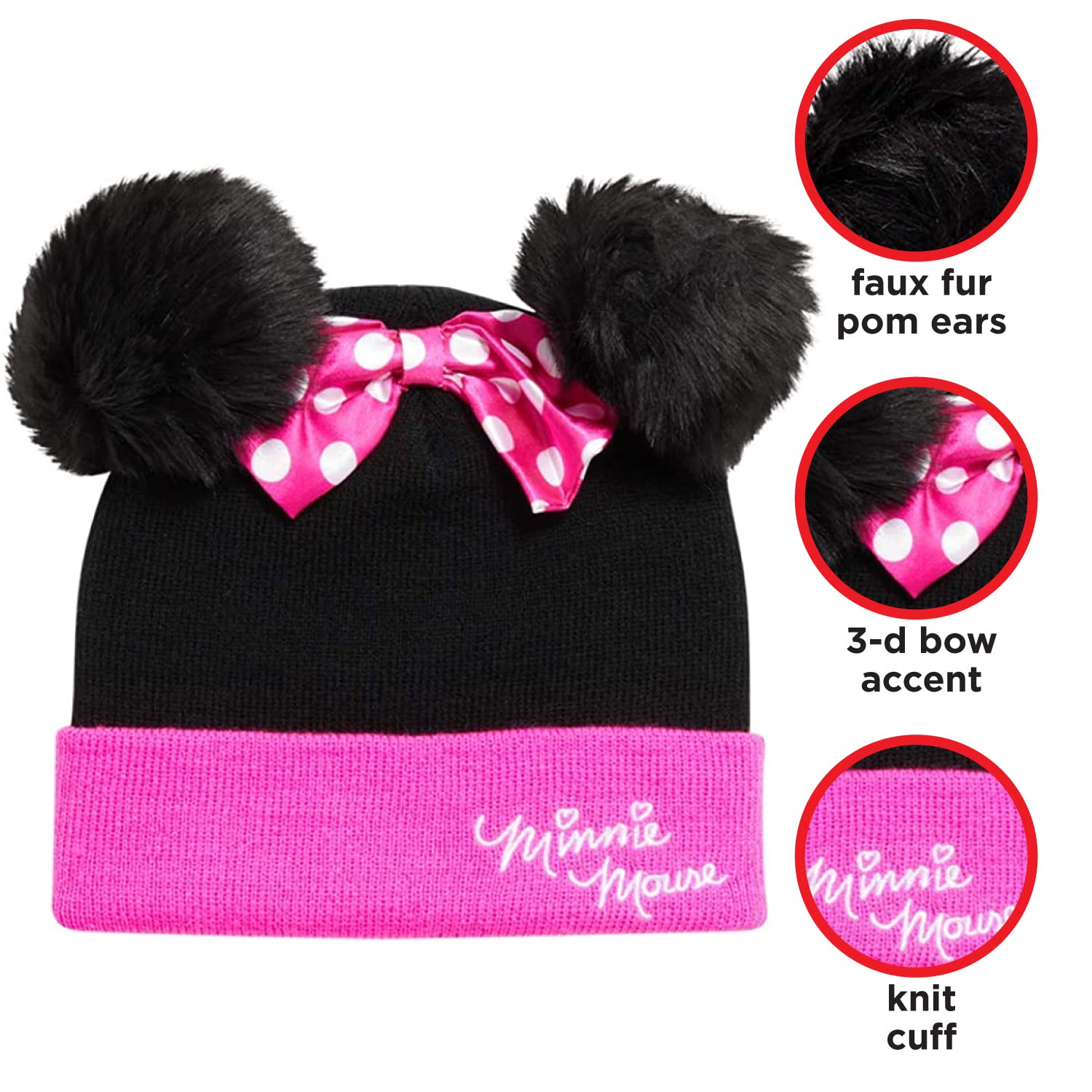 Disney Girls Minnie Mouse Winter Hat and Mitten or Glove Set (Toddler/Little Girls), Size Age 4-7, Minnie Polka Dot Bow Gloves