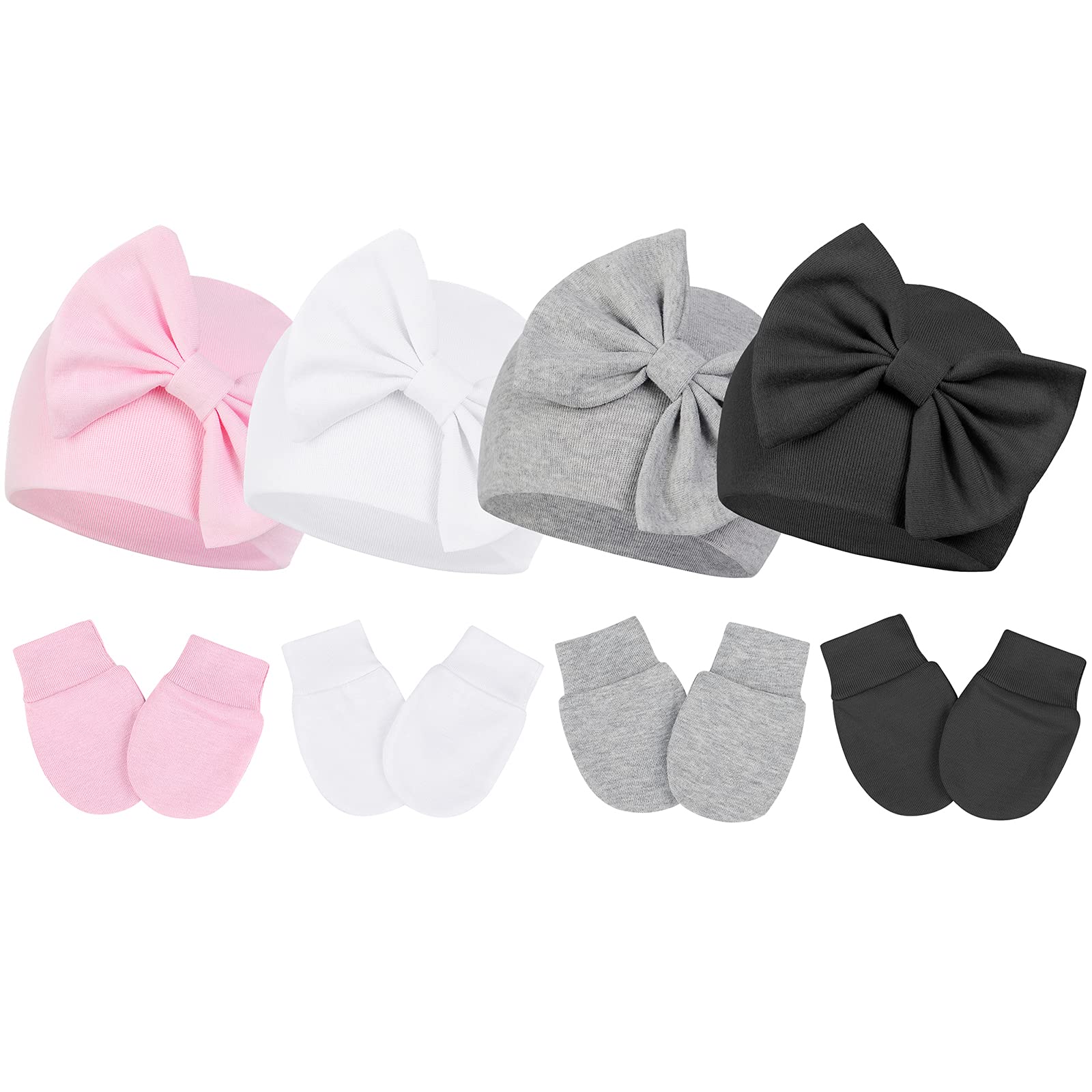 Mittens and Caps for Newborn Baby Girls Set Hospital Hat Beanie Infant Hats with Bow for 0-6 Months Deep Pink & White & Gray & Black 0-3 Months