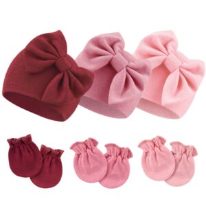 bqubo newborn baby girls hats mittens set hospital hat beanie infant bow hats baby cotton no scratch gloves for 0-6 months