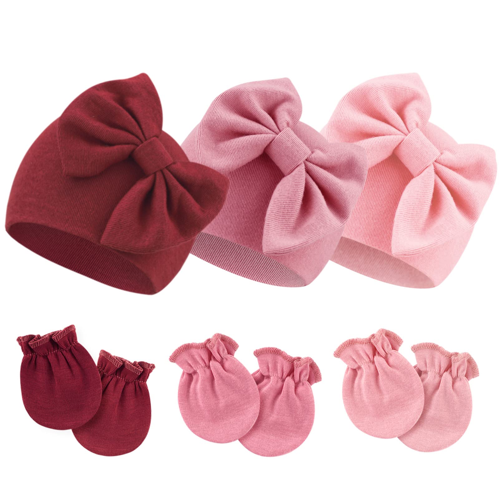 BQUBO Newborn Baby Girls Hats Mittens Set Hospital Hat Beanie Infant Bow Hats Baby Cotton No Scratch Gloves for 0-6 Months