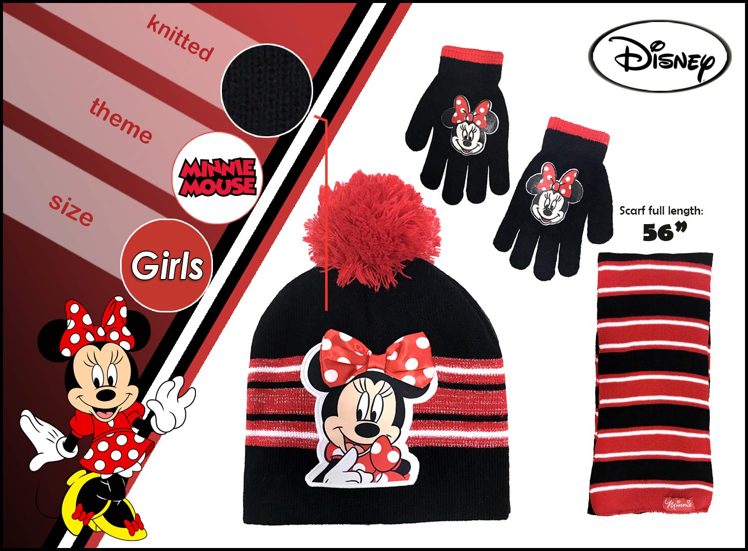 Disney Minnie Mouse Girls 3 Piece Beanie Hat Scarf and Glove Set [4015]