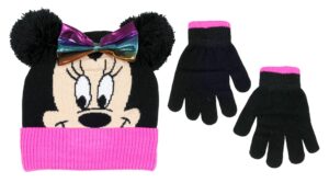 disney girls minnie mouse winter hat and mitten or glove set, age 4-6x, black/pink