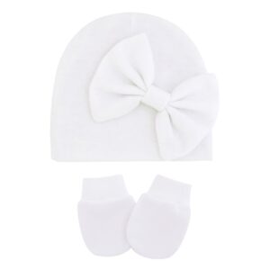 1 set newborn baby hospital hats mittens soft bow infant cap cute nursery beanie baby no scratch gloves for boys girls white