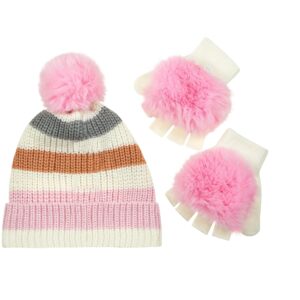 peak 2 peak girls hat and fingerless gloves winter set, marled yarn knitted with pink pompom on hat and glove - age 4-12 years