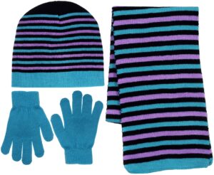 girls 3 piece knit hat, scarf & gloves set winter accessories for girls (blue-lavender-rl)