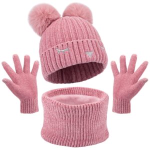 maylisacc toddler gloves girl hats and gloves set kids 3 pack toddler hat and gloves winter warm pom beanie hat fleece lined neck warmer gloves set girls hat scarf and glove set scarfs for girls pink