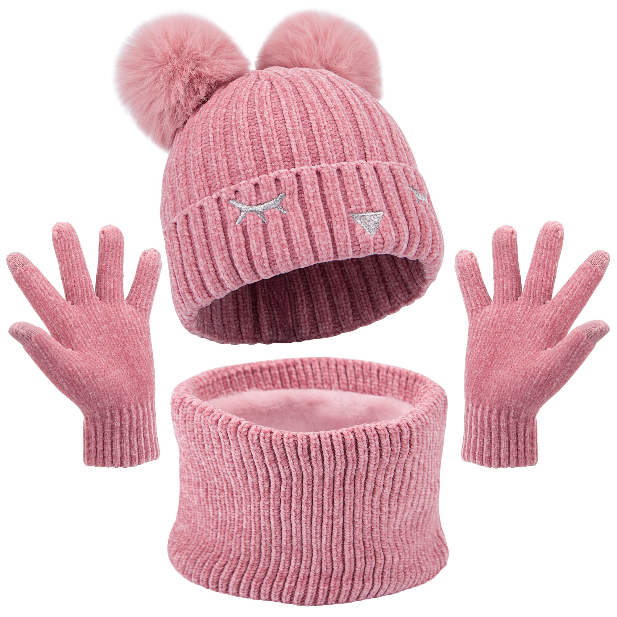 MAYLISACC Toddler Gloves Girl Hats and Gloves Set Kids 3 Pack Toddler Hat and Gloves Winter Warm Pom Beanie Hat Fleece Lined Neck Warmer Gloves Set Girls Hat Scarf and Glove set Scarfs for Girls Pink