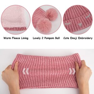 MAYLISACC Toddler Gloves Girl Hats and Gloves Set Kids 3 Pack Toddler Hat and Gloves Winter Warm Pom Beanie Hat Fleece Lined Neck Warmer Gloves Set Girls Hat Scarf and Glove set Scarfs for Girls Pink