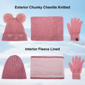 MAYLISACC Toddler Gloves Girl Hats and Gloves Set Kids 3 Pack Toddler Hat and Gloves Winter Warm Pom Beanie Hat Fleece Lined Neck Warmer Gloves Set Girls Hat Scarf and Glove set Scarfs for Girls Pink