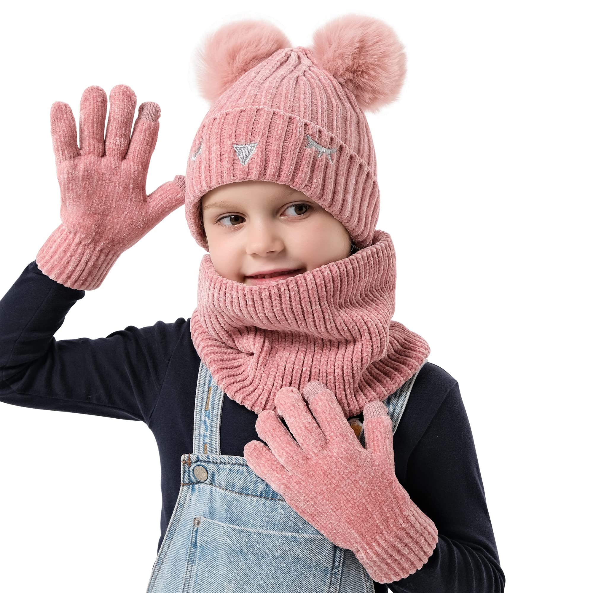 MAYLISACC Toddler Gloves Girl Hats and Gloves Set Kids 3 Pack Toddler Hat and Gloves Winter Warm Pom Beanie Hat Fleece Lined Neck Warmer Gloves Set Girls Hat Scarf and Glove set Scarfs for Girls Pink