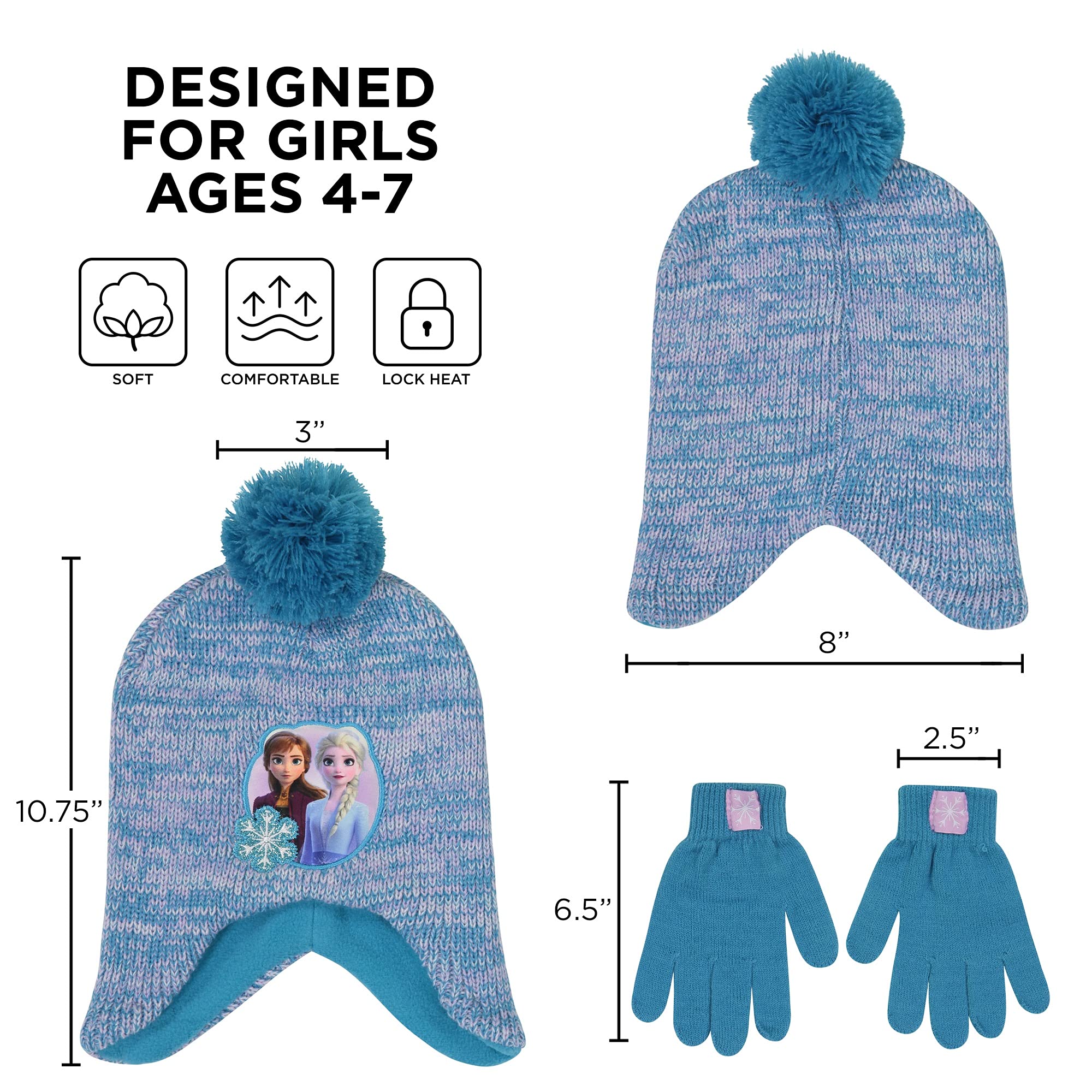 Disney Frozen Winter Hat and Kids Gloves Set, Elsa and Anna Beanie for Ages, Pantone/Silver, Little Girl Age 4-7