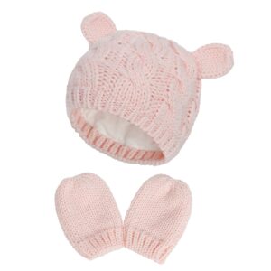 unisex baby toddler hat and mitten set winter knitted thick warm beanie cap gloves for infant boys girls (pink, 0-3 months)