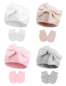 zurlefy baby girl hats and mittens set for 0-6 months, newborn hospital hats with bow for infant baby no scratch cotton mittens set(31-08)