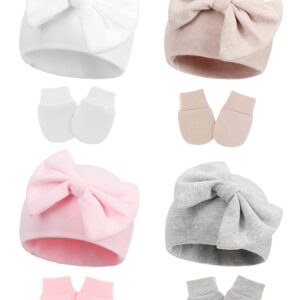 ZURLEFY Baby Girl Hats and Mittens Set for 0-6 Months, Newborn Hospital Hats with Bow for Infant Baby No Scratch Cotton Mittens Set(31-08)