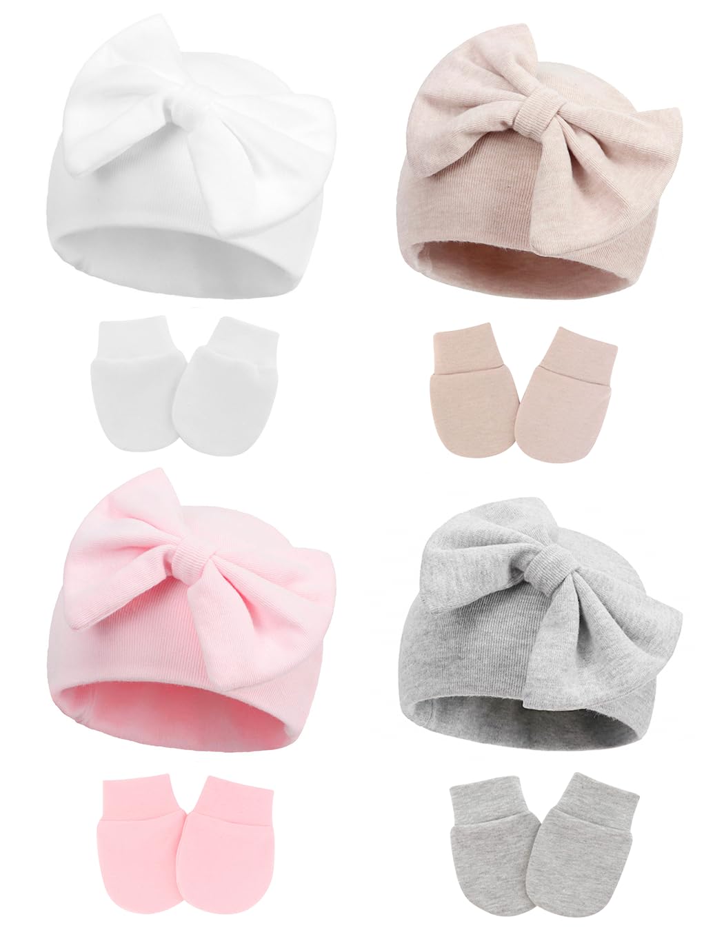 ZURLEFY Baby Girl Hats and Mittens Set for 0-6 Months, Newborn Hospital Hats with Bow for Infant Baby No Scratch Cotton Mittens Set(31-08)