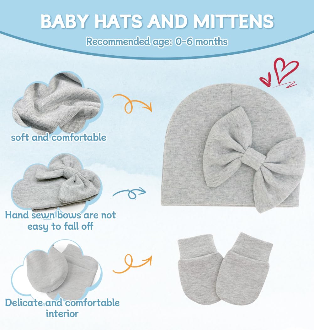 ZURLEFY Baby Girl Hats and Mittens Set for 0-6 Months, Newborn Hospital Hats with Bow for Infant Baby No Scratch Cotton Mittens Set(31-08)