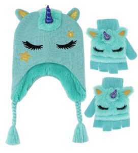 kids girls cute glitter unicorn beanie winter hat and glove set knitted earflap cap flip top mitten set blue