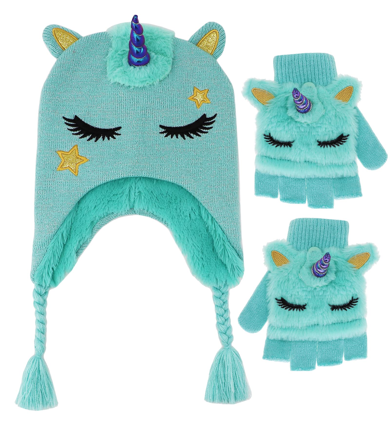 Kids Girls Cute Glitter Unicorn Beanie Winter Hat and Glove Set Knitted Earflap Cap Flip Top Mitten Set Blue