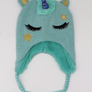 Kids Girls Cute Glitter Unicorn Beanie Winter Hat and Glove Set Knitted Earflap Cap Flip Top Mitten Set Blue