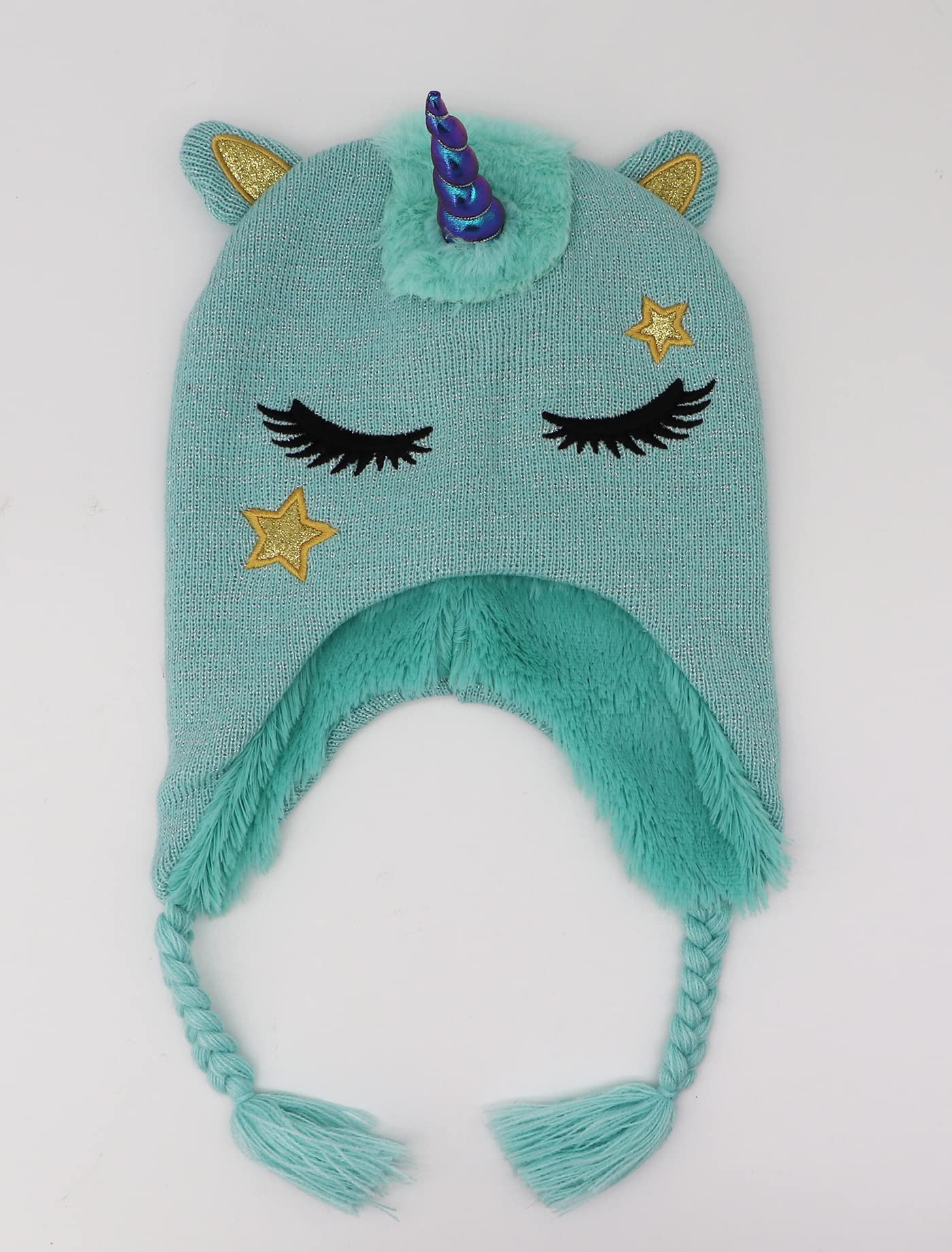 Kids Girls Cute Glitter Unicorn Beanie Winter Hat and Glove Set Knitted Earflap Cap Flip Top Mitten Set Blue