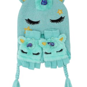 Kids Girls Cute Glitter Unicorn Beanie Winter Hat and Glove Set Knitted Earflap Cap Flip Top Mitten Set Blue