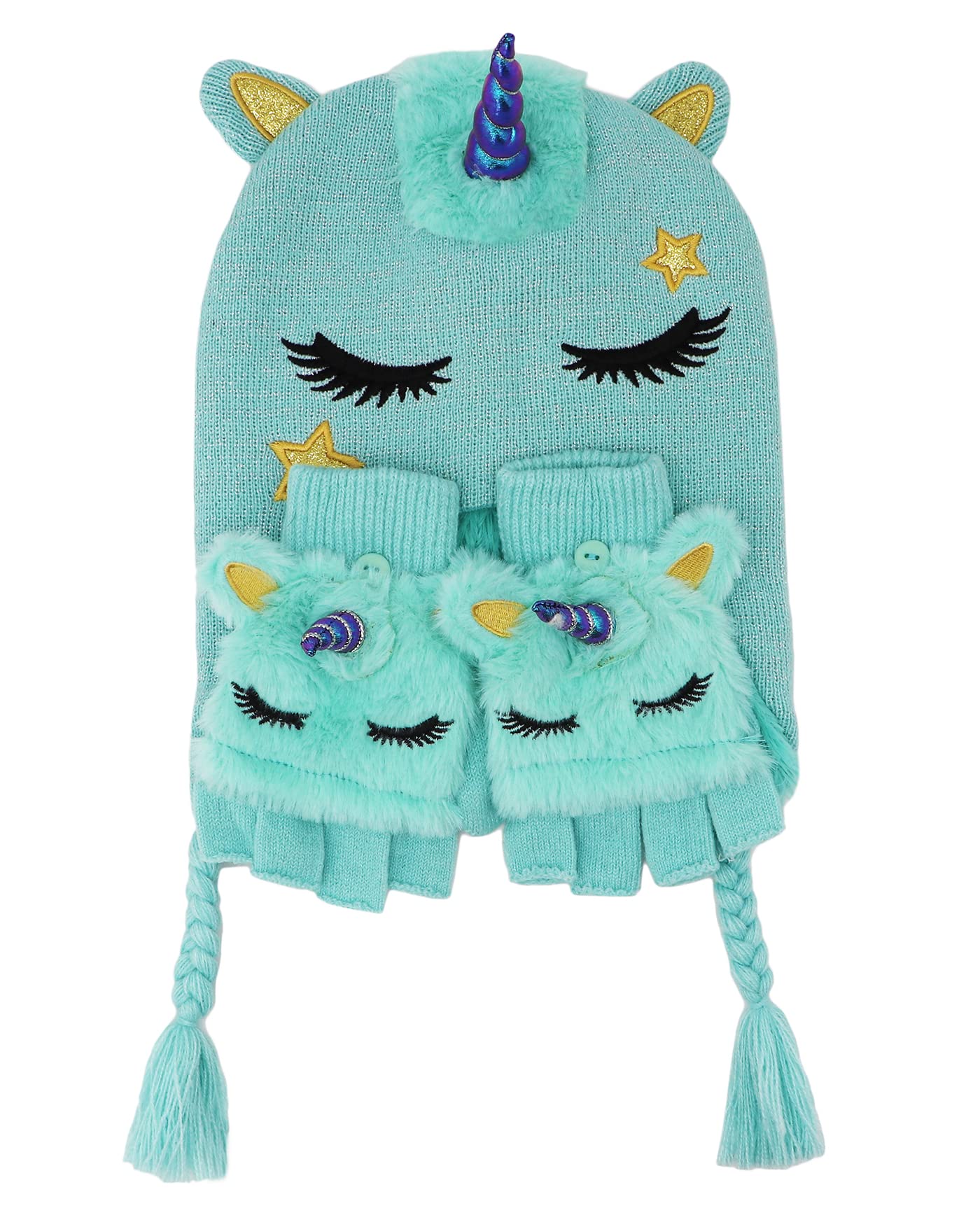 Kids Girls Cute Glitter Unicorn Beanie Winter Hat and Glove Set Knitted Earflap Cap Flip Top Mitten Set Blue