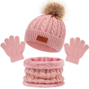 kids winter beanie hat scarf gloves set for 2-6 years old, toddler winter knit hat gloves neck warmer with fleece lined (pink)