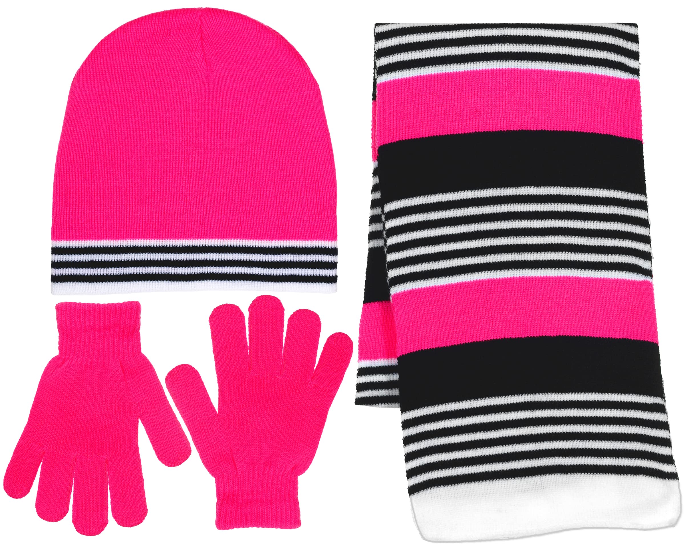 Girl's 3 Piece Knit Hat, Scarf & Gloves Set (Pink-Black), OSFM