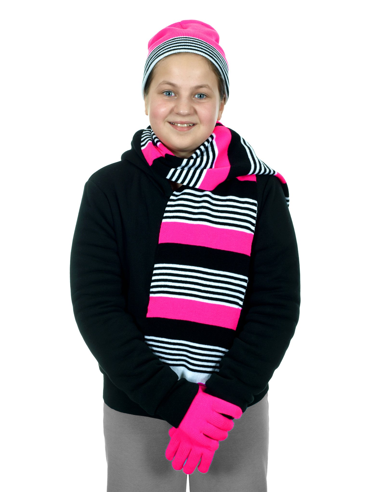 Girl's 3 Piece Knit Hat, Scarf & Gloves Set (Pink-Black), OSFM