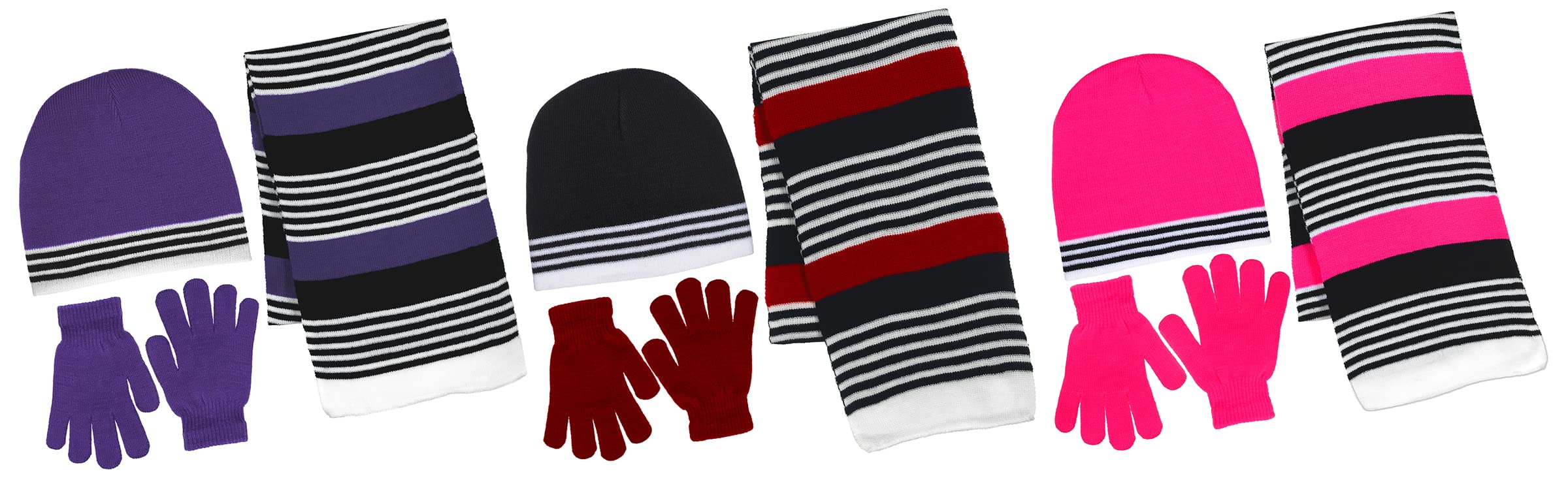 Girl's 3 Piece Knit Hat, Scarf & Gloves Set (Pink-Black), OSFM