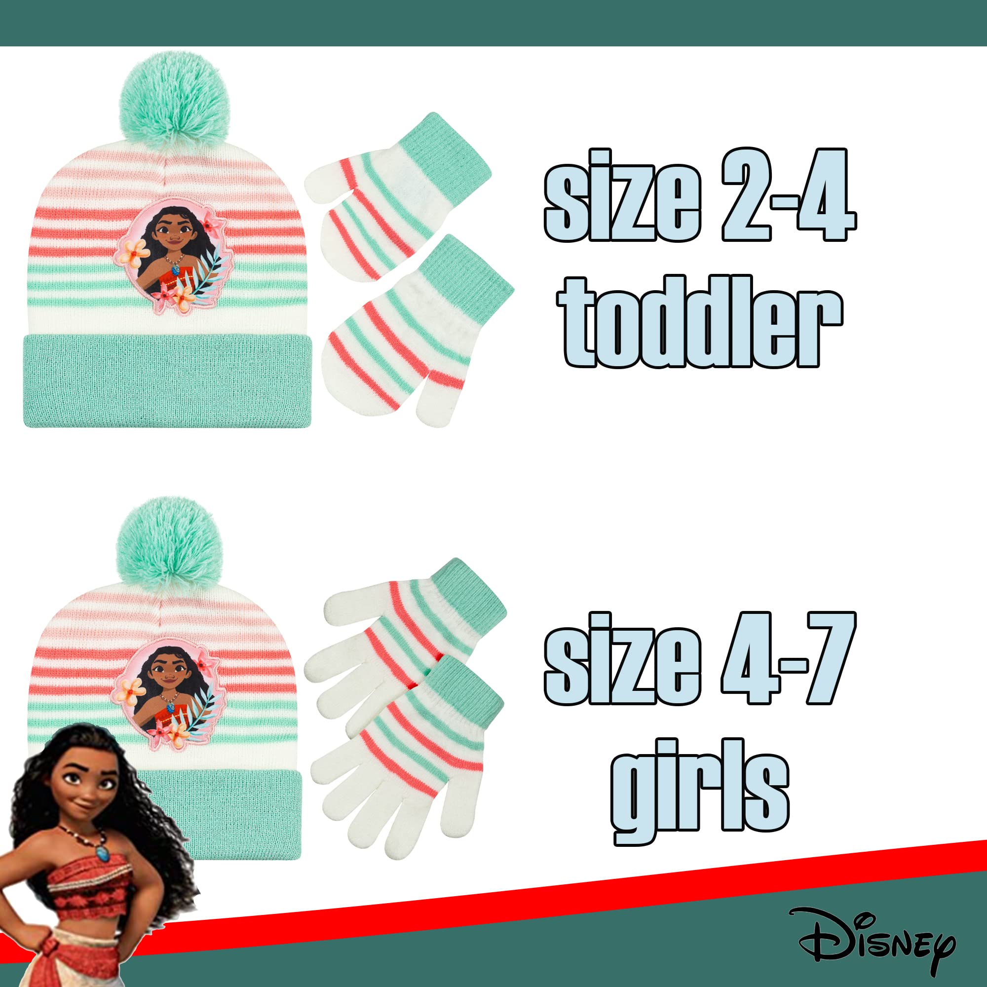 Disney Moana Girls Beanie Winter Hat and Mittens Cold Weather Set, Age 4-7 years