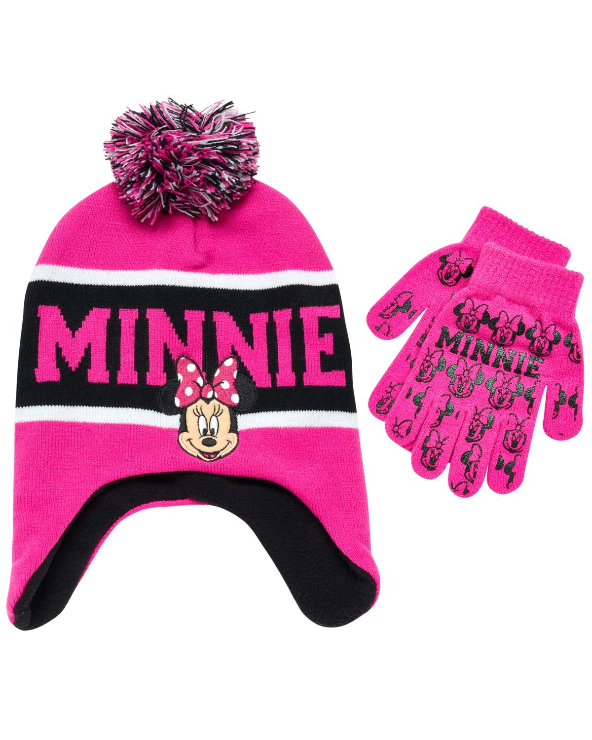 Disney Girls Minnie Mouse Winter Hat and Mitten or Glove Set (Toddler/Little Girls), Size Age 4-7, Minnie Pink With Black Gloves